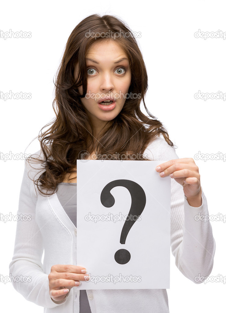 Amazed woman handing question mark Stock Photo by ©agencyby 36981859