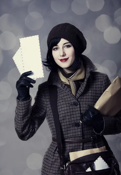 Young postman girl with mail. Photo in old color style with boke Stock Photo by ©massonforstock ...