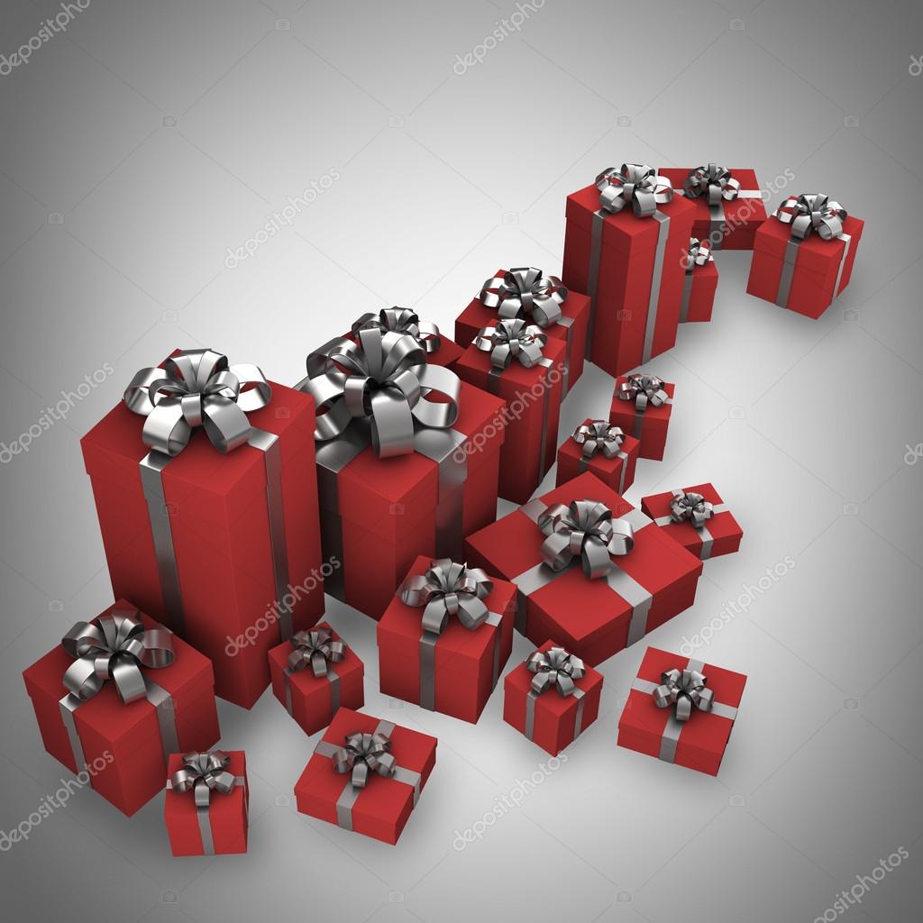 RED christmas gift boxes with silver ribbon and bow — Stock Photo ...
