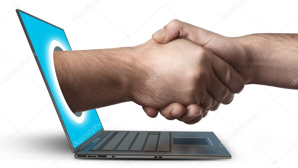 A hand comes right out of the laptop screen to shake hands CONCEPT ...
