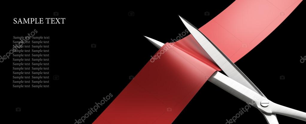 Scissors cut the red ribbon closeup isolated on black. Stock Photo by ...