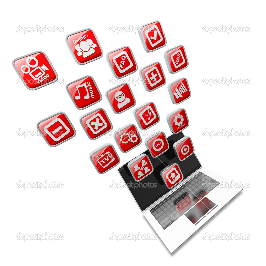 White laptop with red application icons isolated on white background ...