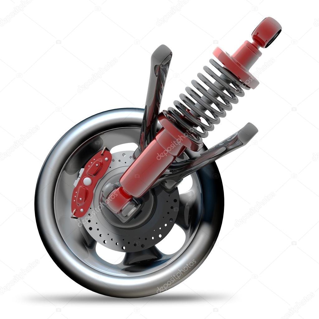 Wheel, shock absorber and brake pads. Stock Photo by ©ADDRicky 20328565