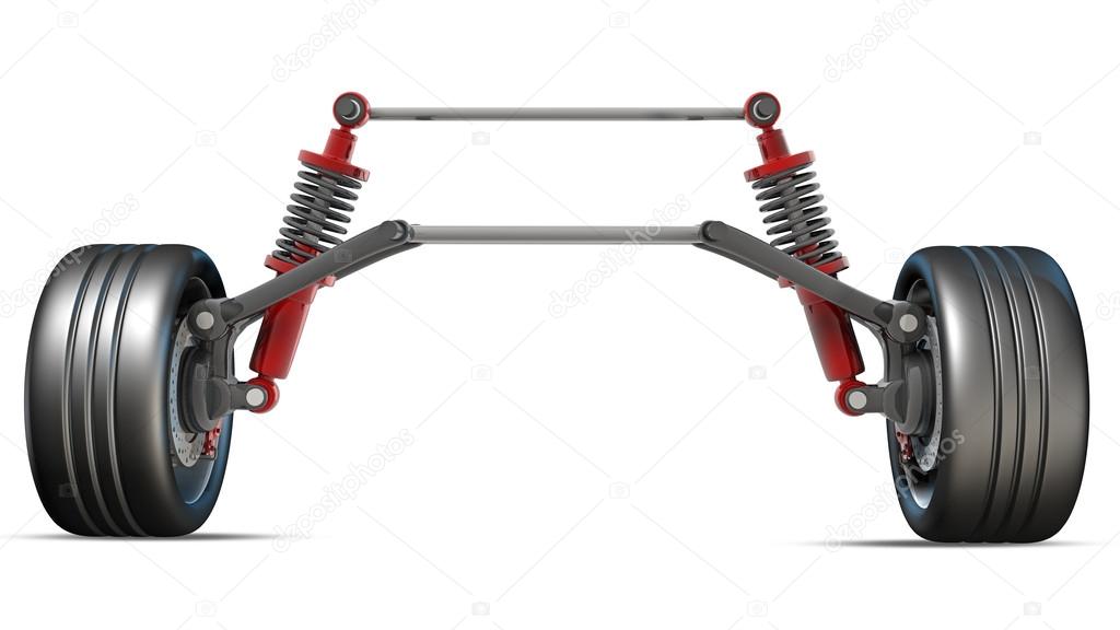 Wheel, shock absorber and brake pads. Isolated on white background ...