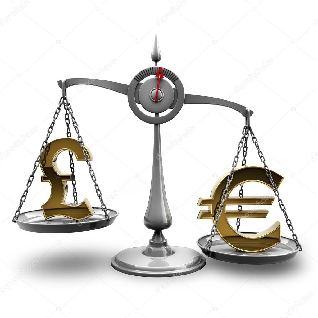 Escala con símbolos de monedas Euro vs Libra británica: fotografía de ...