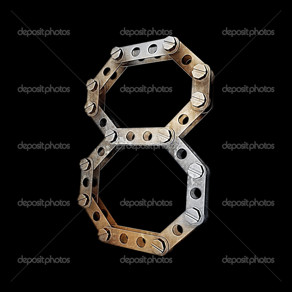 Metallic figure (8) with rivets and screws isolated on black background ...