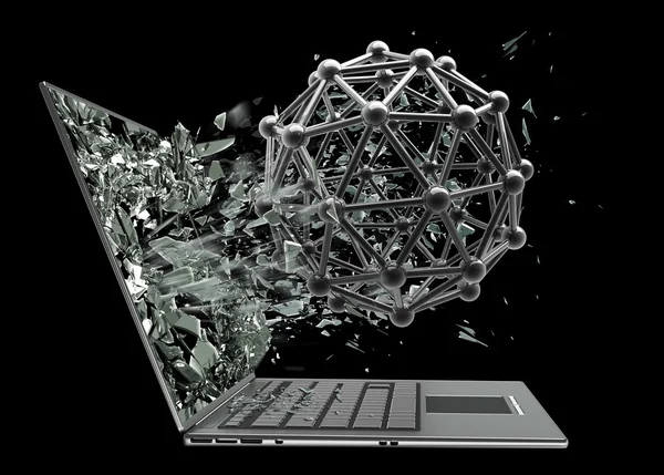 Atom silver glossy molecules structure exit by a monitor of laptop ...