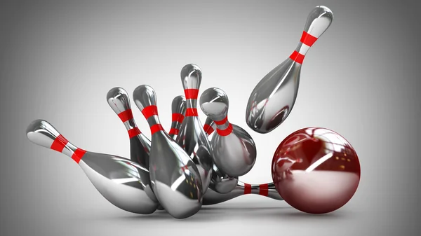 Bowling Ball crashing into the pins on vintage background. Stock Photo ...