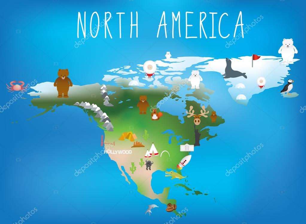 América del Norte mapa para niños usando dibujos animados de animales y ...