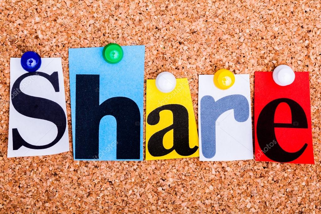 The word Share in cut out magazine letters pinned to a cork noti Stock ...