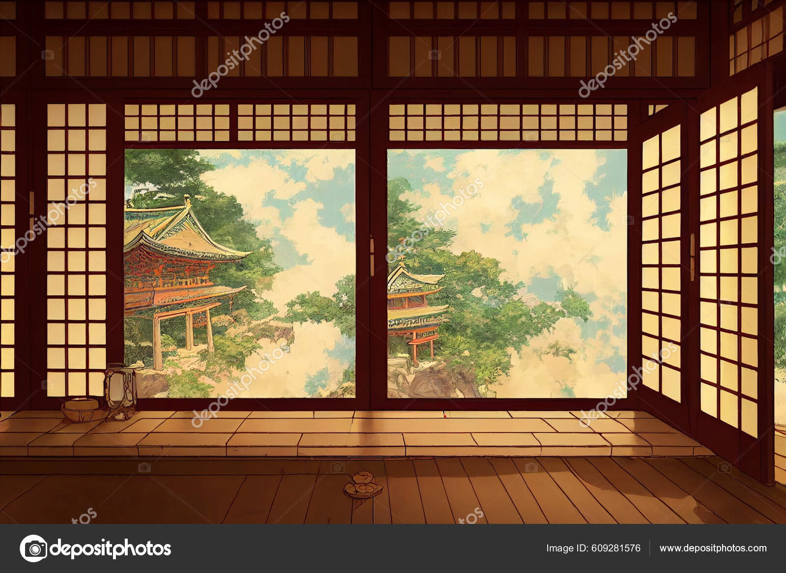 Fantasy Japanese Shrine Windows View Torii Render Anime Style — Stock ...