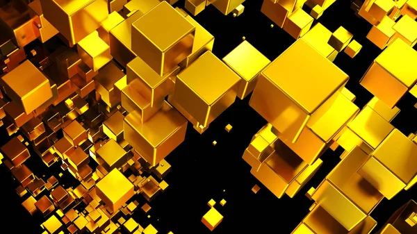 Abstract background 3D, many gold cubes with neon golden glow on black ...