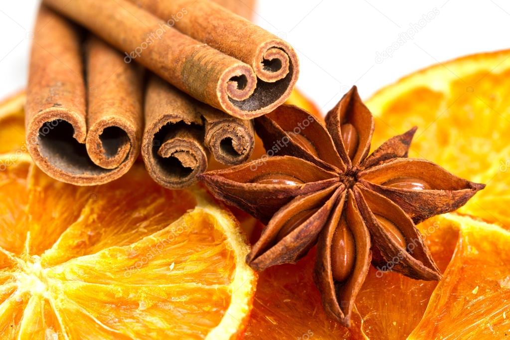 Cinnamon sticks, star anise and dried orange cuts — Stock Photo ...