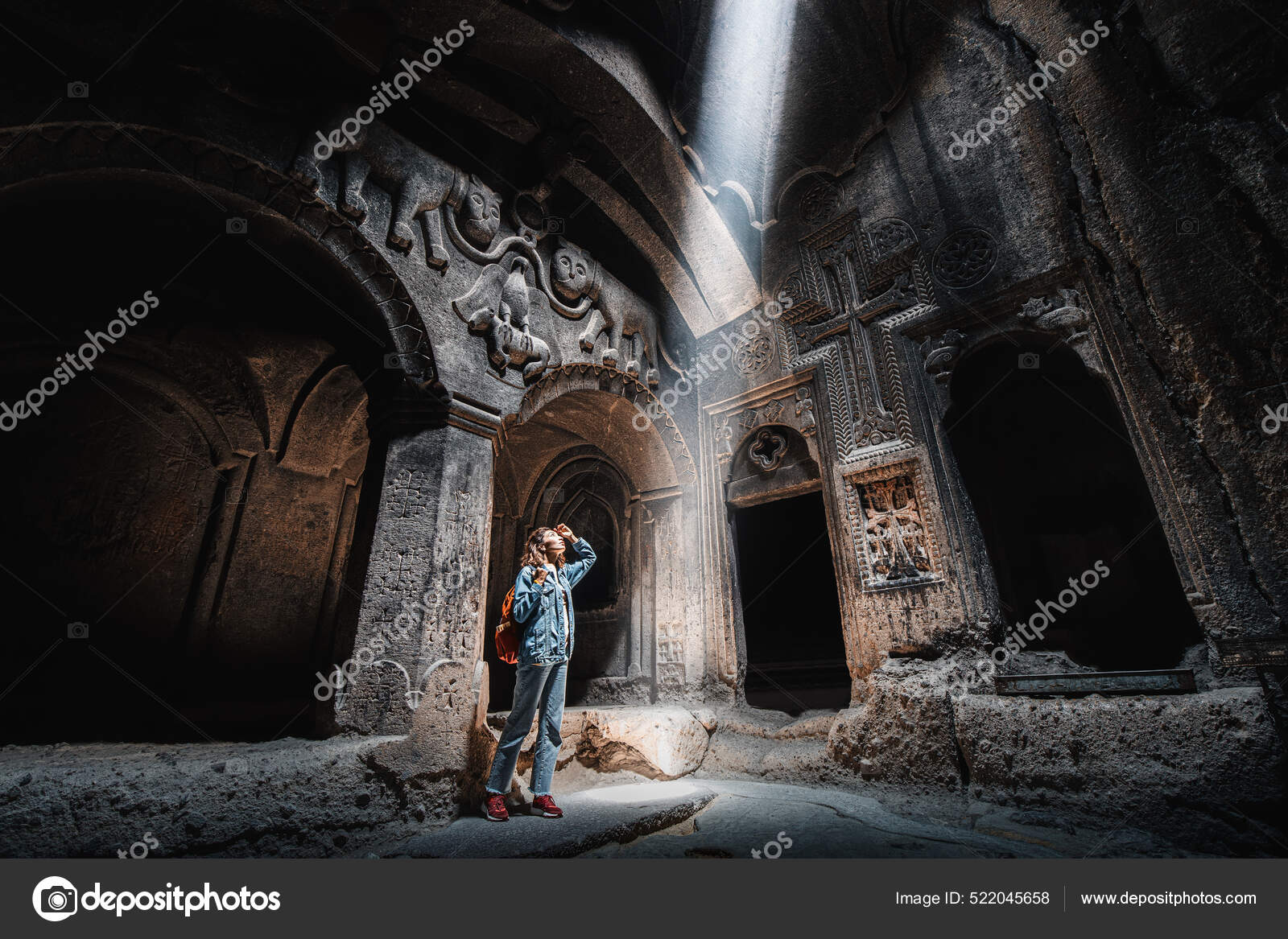 Woman Tourist Explores Mystical Interior Main Hall Armenian Geghard ...