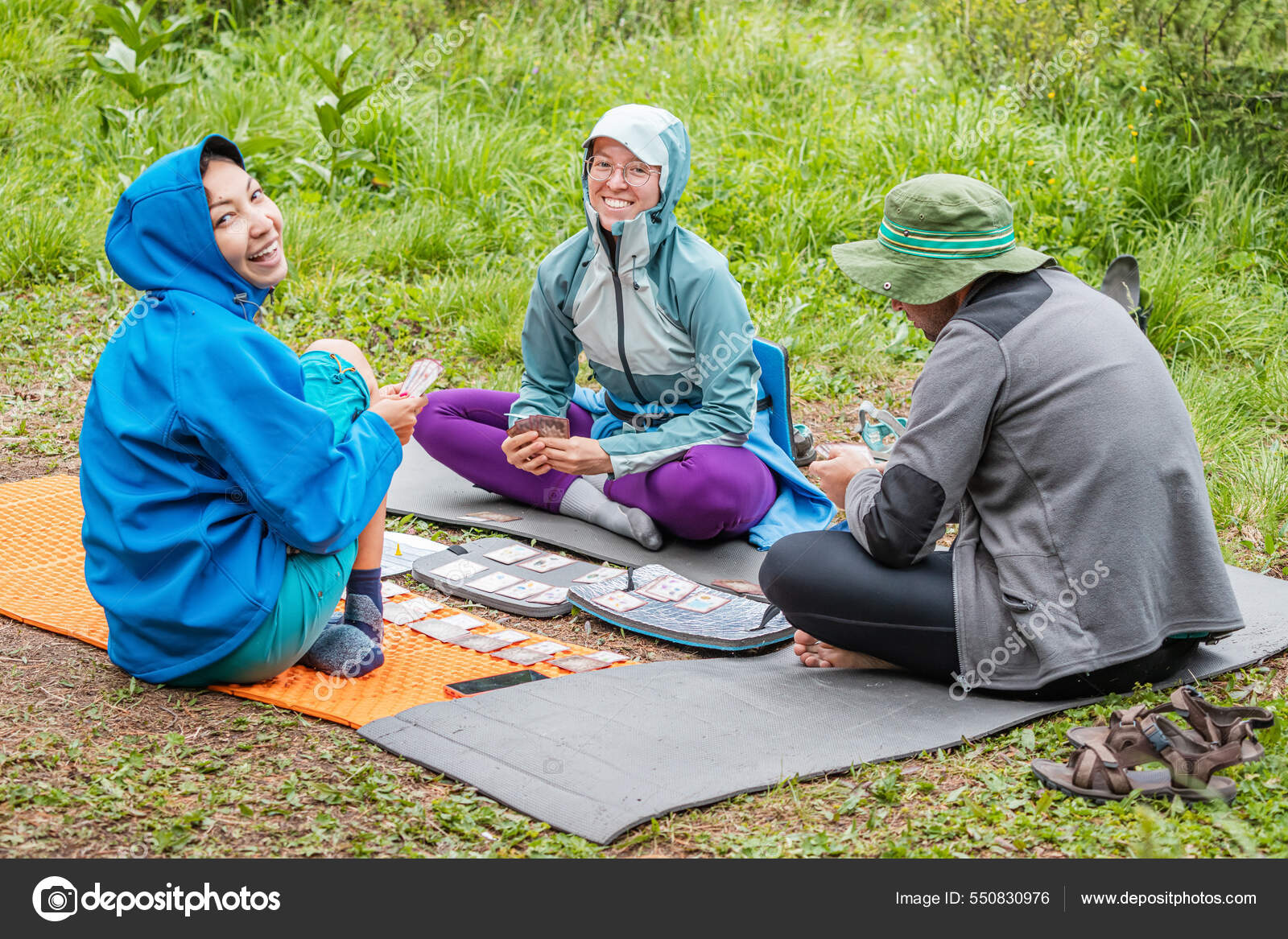 Friends Having Fun Playing Board Card Games Outdoor Camping Hiking ...