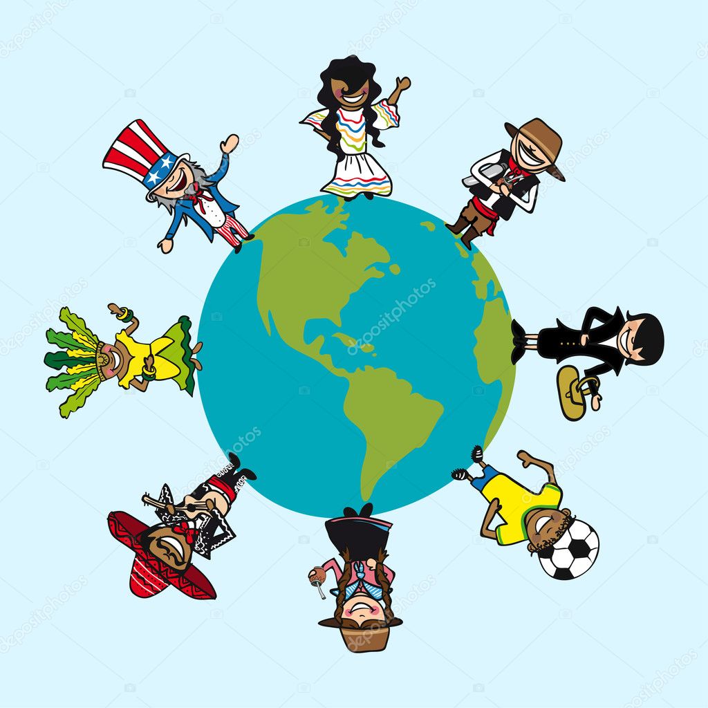 Diversidad personas dibujos animados sobre mapa del mundo vector ...