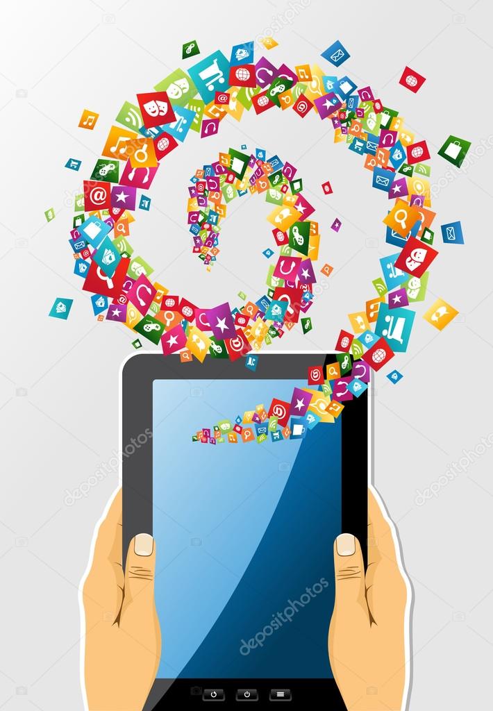 Human hands holds tablet pc app icons. Stock Vector by ©cienpies 33008523
