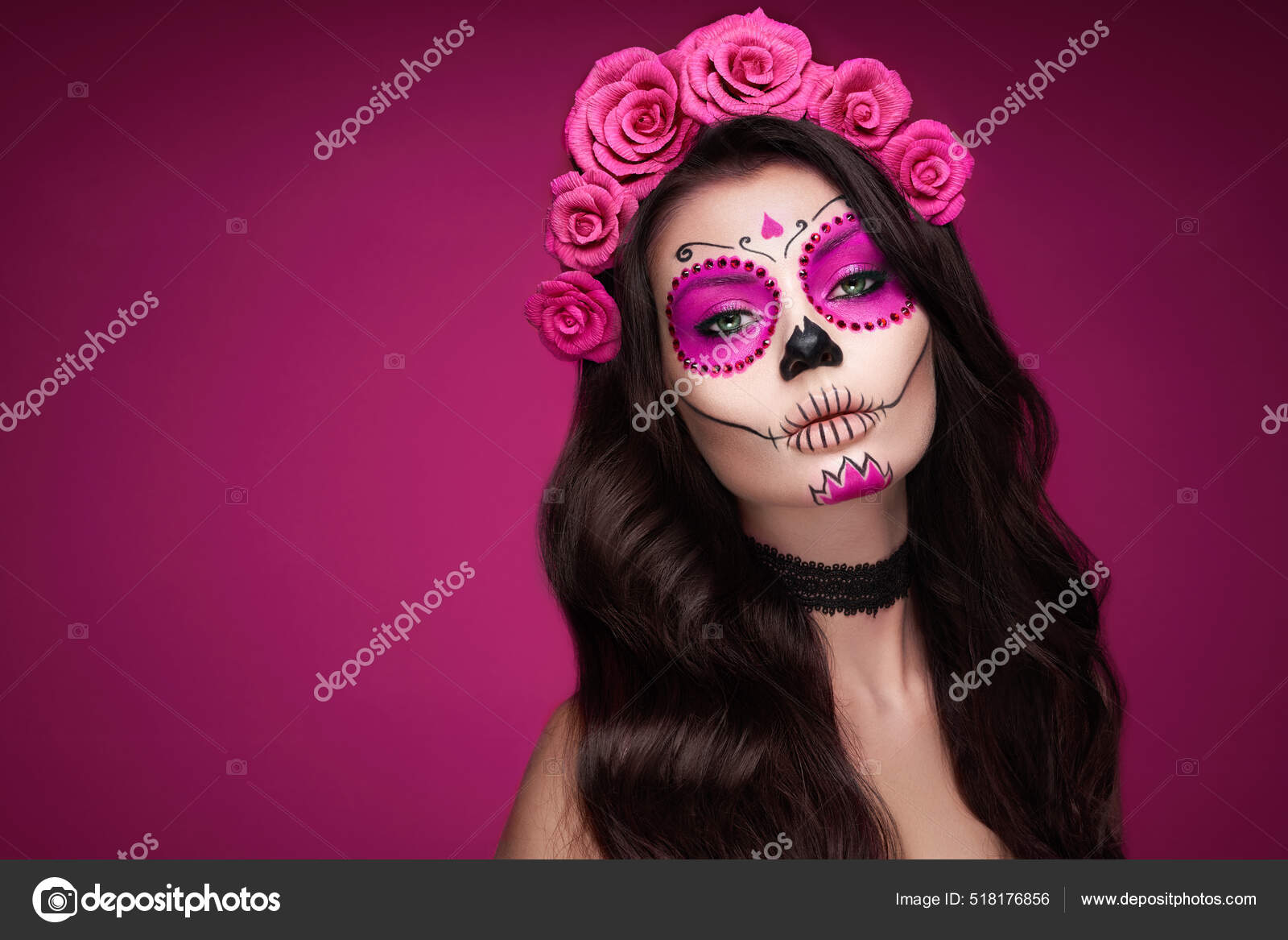 Pintura Facial De Calavera De Azúcar Retrato De Una Niña Con Un