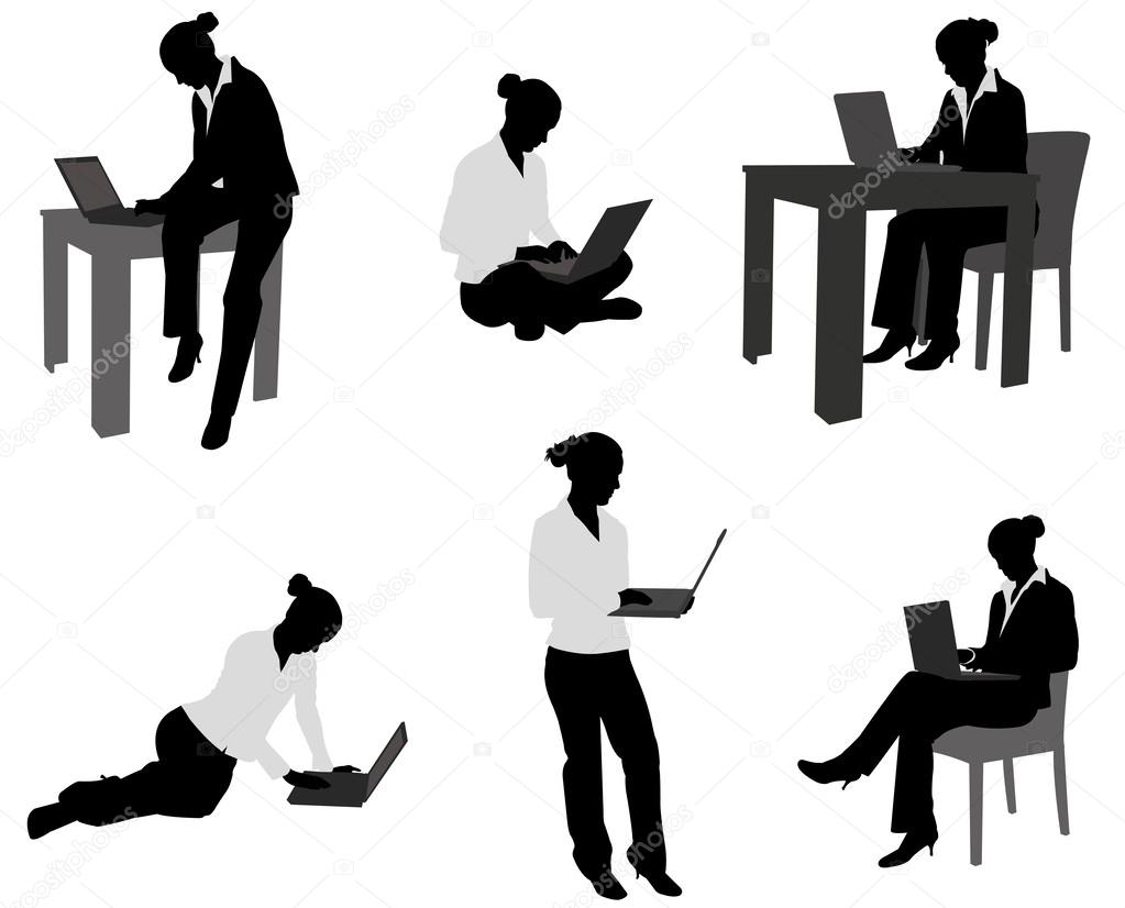 Silhouettes Sitting At Computer