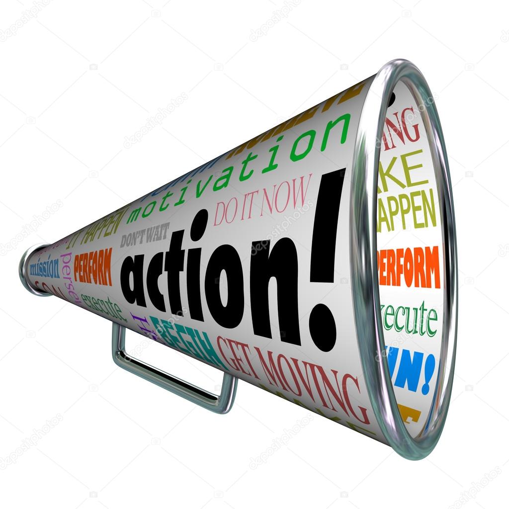 Action Words Bullhorn Megaphone Motivation Mission Stock Photo by ...