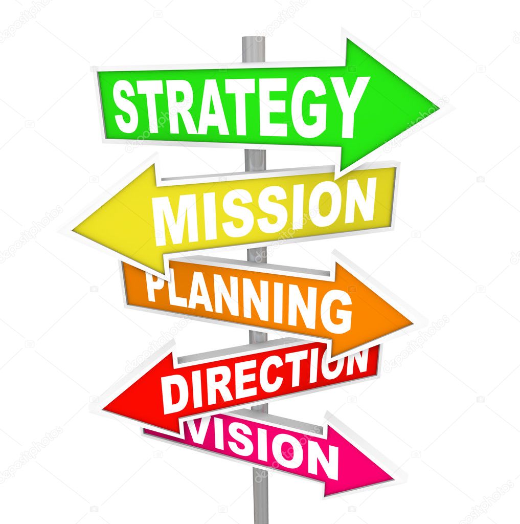 Strategy MIssion Planning Direction Vision Road Signs — Stock Photo ... Strategy MIssion Planning Direction Vision Road Signs — Stock Photo ...
