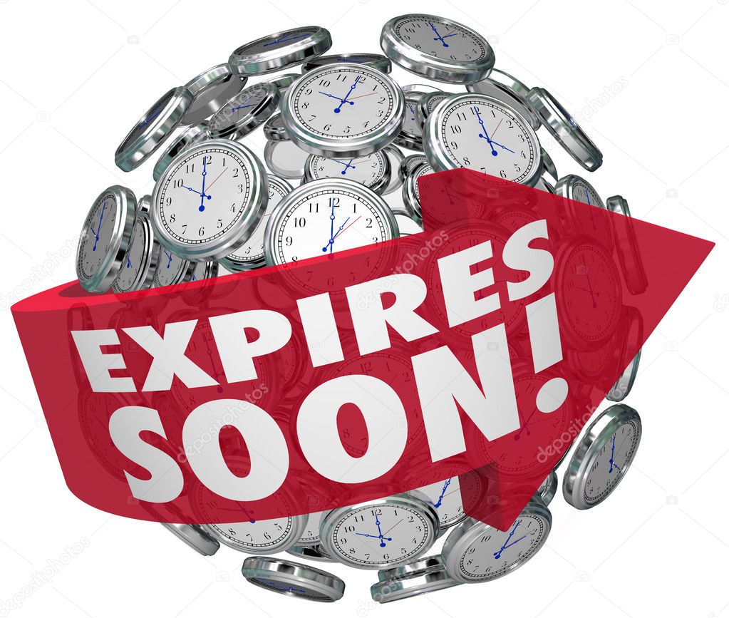 Expires Soon words on a red arrow around a clock sphere — Stock Photo ...