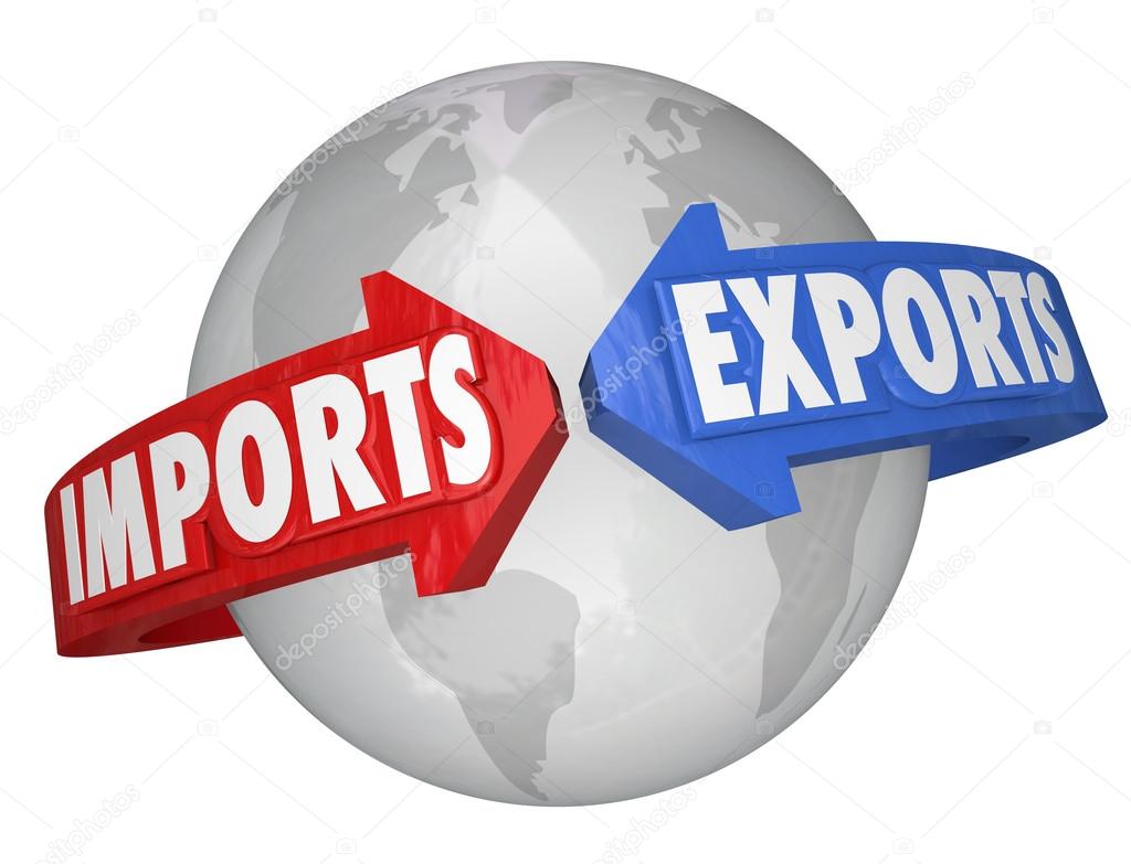 Imports and Exports words on arrows around Earth Stock Photo by ...