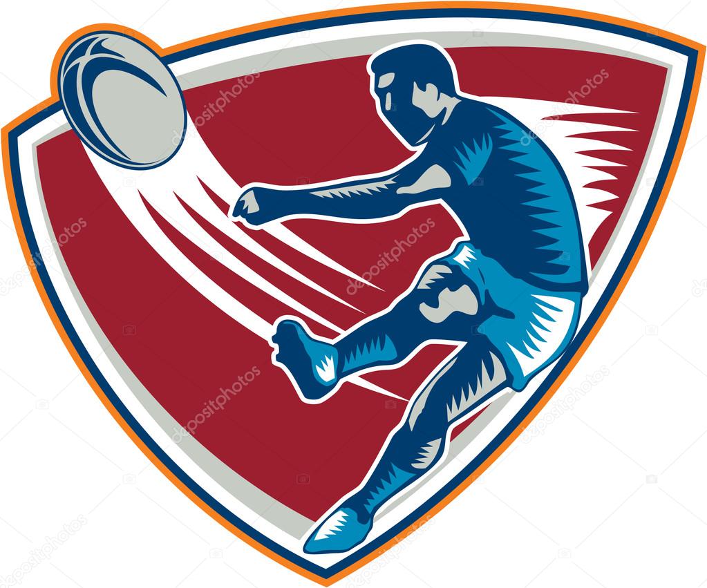 Jugador De Rugby Pateando El Escudo De Bolas Woodcut Vector De Stock