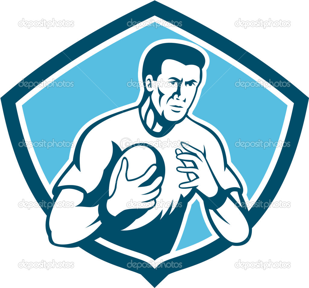 Jugador De Rugby Corriendo Bola Escudo De Dibujos Animados 2023