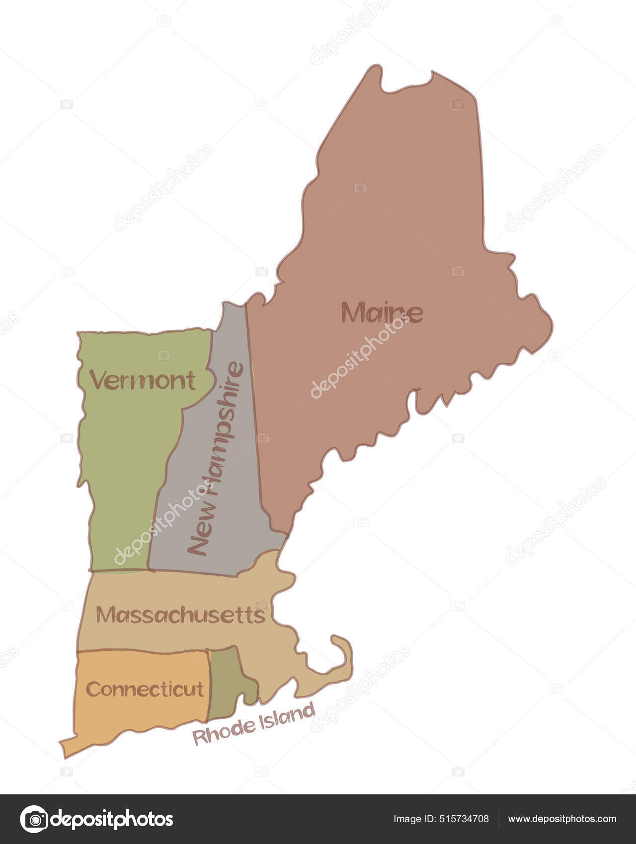 Drawing Map New England States Comprising Six States Northeastern ...