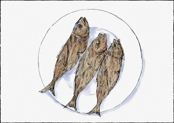 Pen and ink watercolor painting of fried tamarong, matambaka, mackerel ...