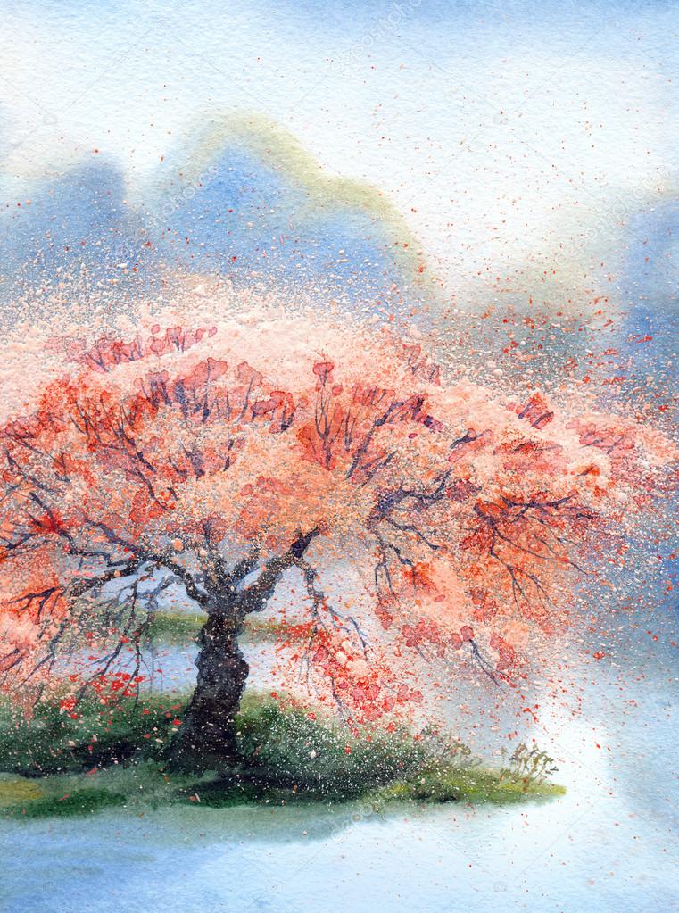 Watercolor landscape. Delicate flowering tree near the river Stock ...