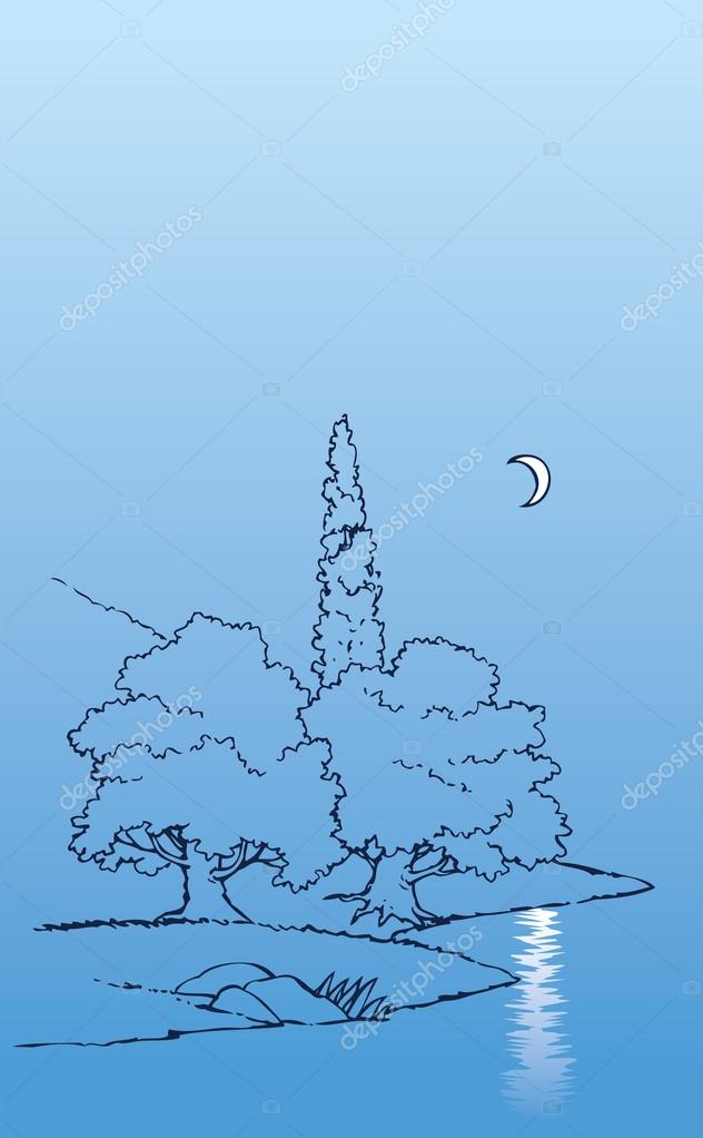 Vector night landscape. Half moon over the river and trees Stock Vector ...