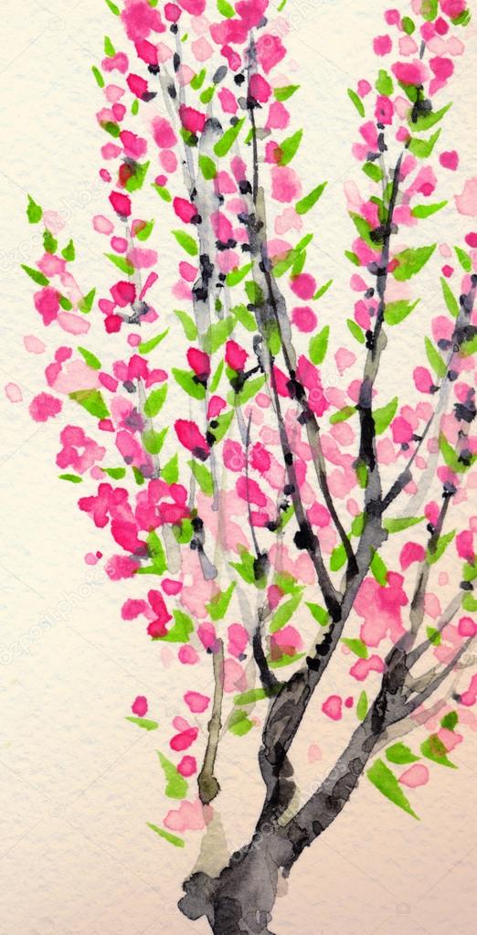Watercolor spring background. Crimson flowers on the tree branches ...