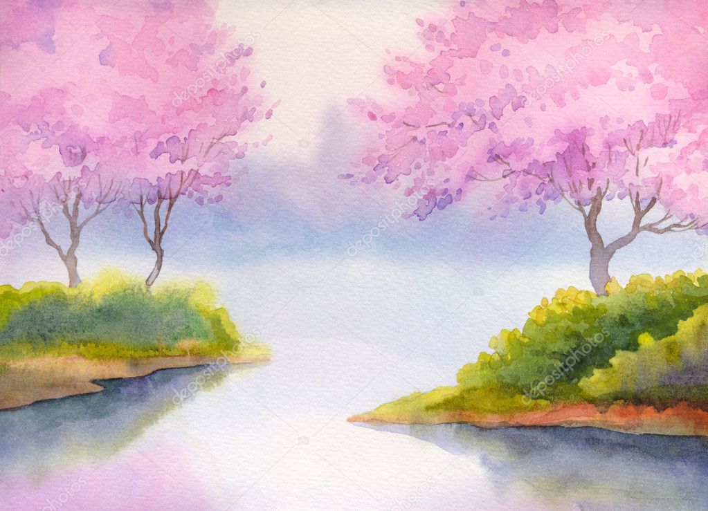 Spring landscape watercolor. Flowering trees over river Stock ...