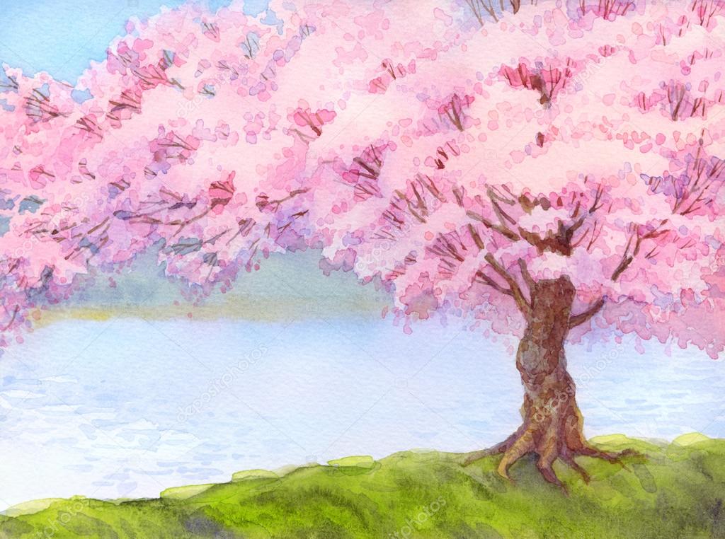 Watercolor landscape. Flowering tree by the lake — Stock Photo ...