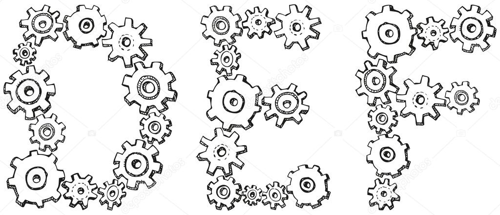 Vector alphabet of caricature letters from spinning gears — Stock ...