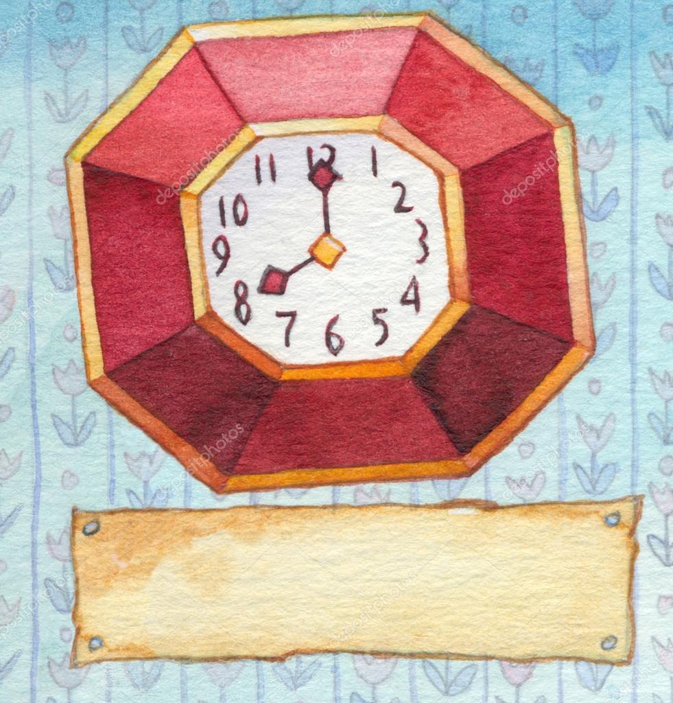 Series of watercolors. Wall clock with a banner for text Stock Photo by ...