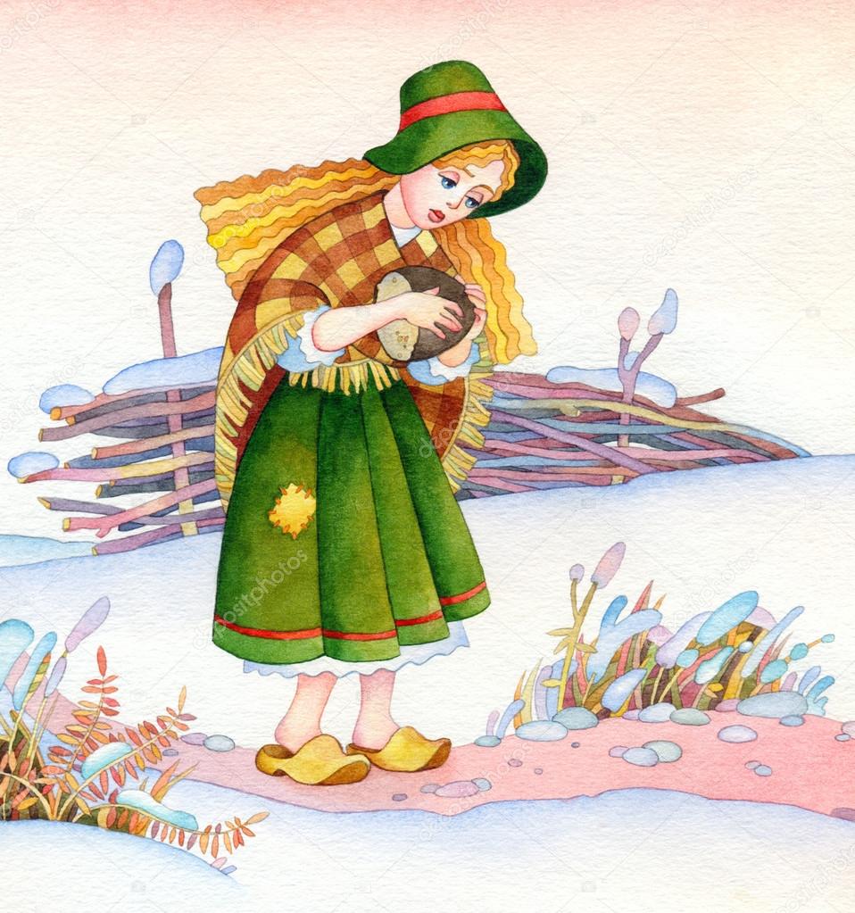 Watercolor picture. Medieval poor girl on winter field Stock ...