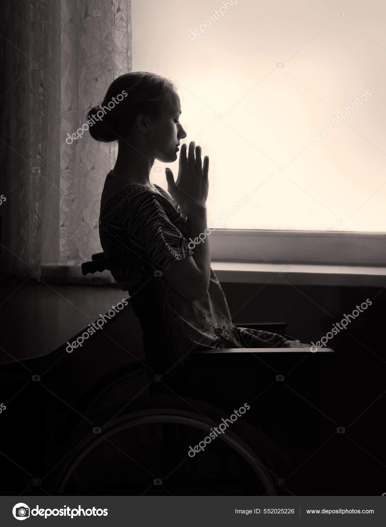 Pious Lone Pure Mourn Pretty Adult Light White Lady Sit — Stock Photo ...
