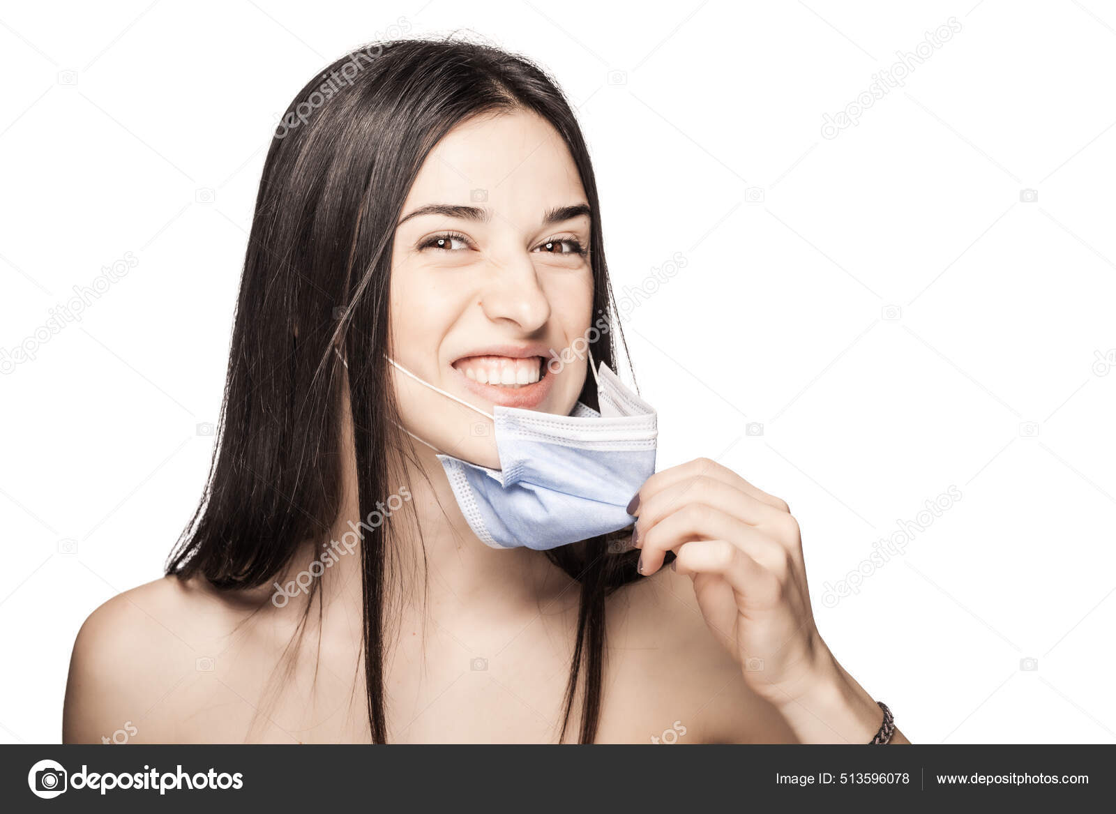 Angry Girl Pulling Away Medical Face Mask Portrait White Background ...