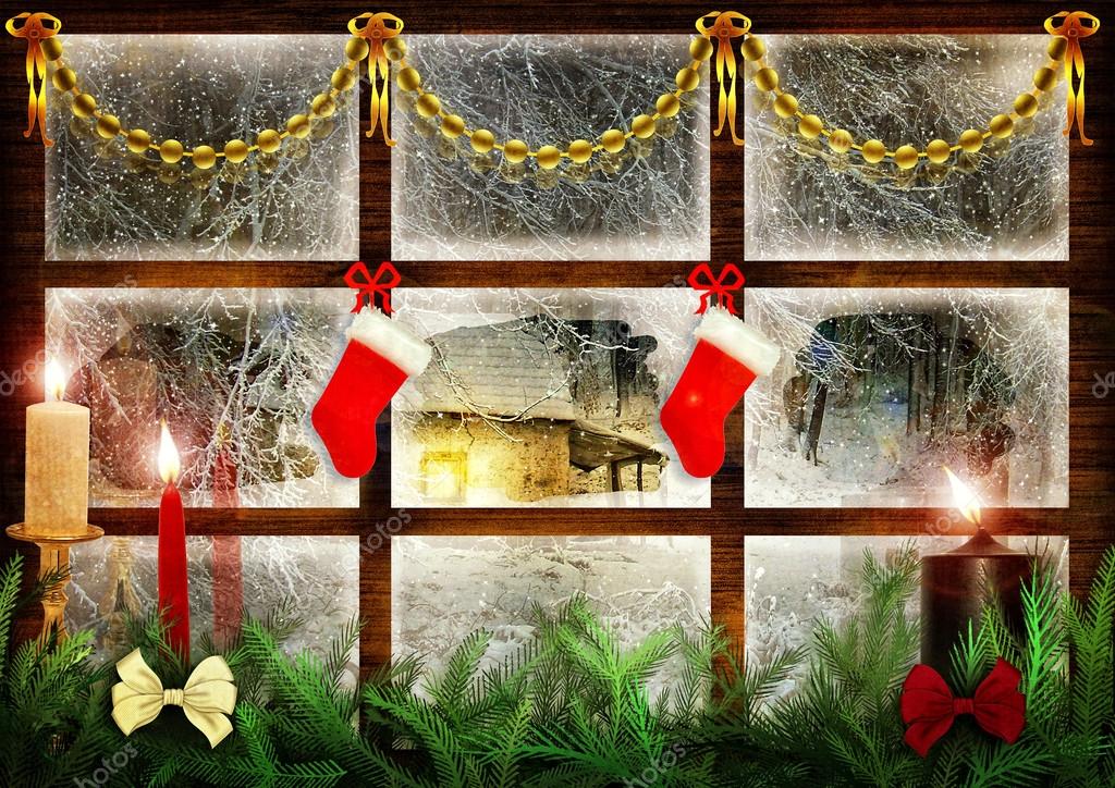 Idyllic view through the window at snowy night, christmas decoration ...