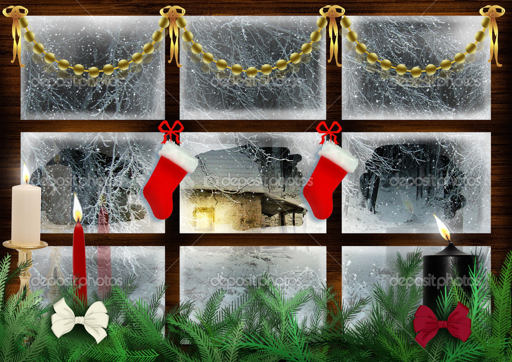 Idyllic view through the window at snowy night, christmas decoration ...