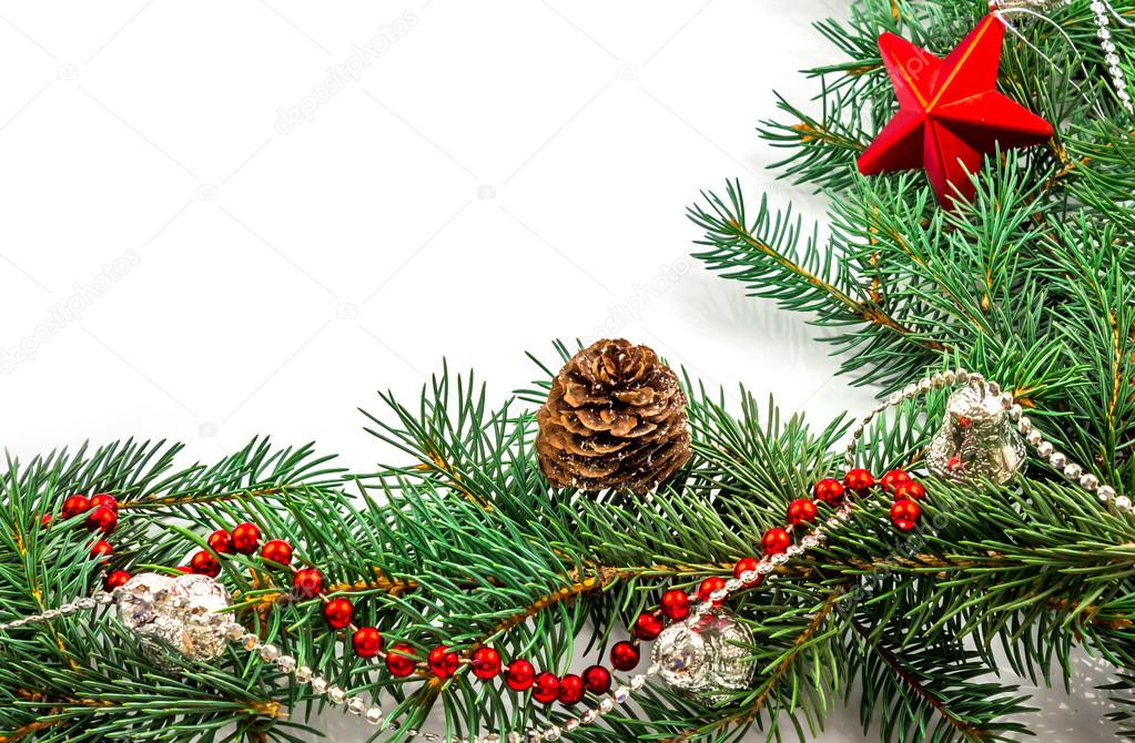 Pine branches with Christmas ornaments on white — Stock Photo ...