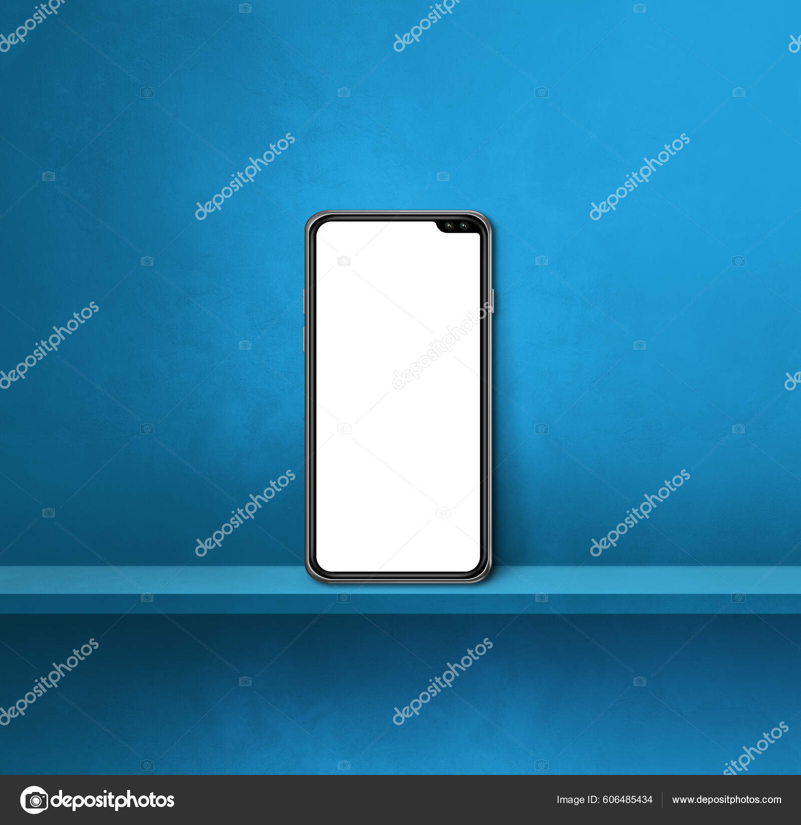 Teléfono Móvil Estante Pared Azul Fondo Cuadrado Ilustración — Foto de ...