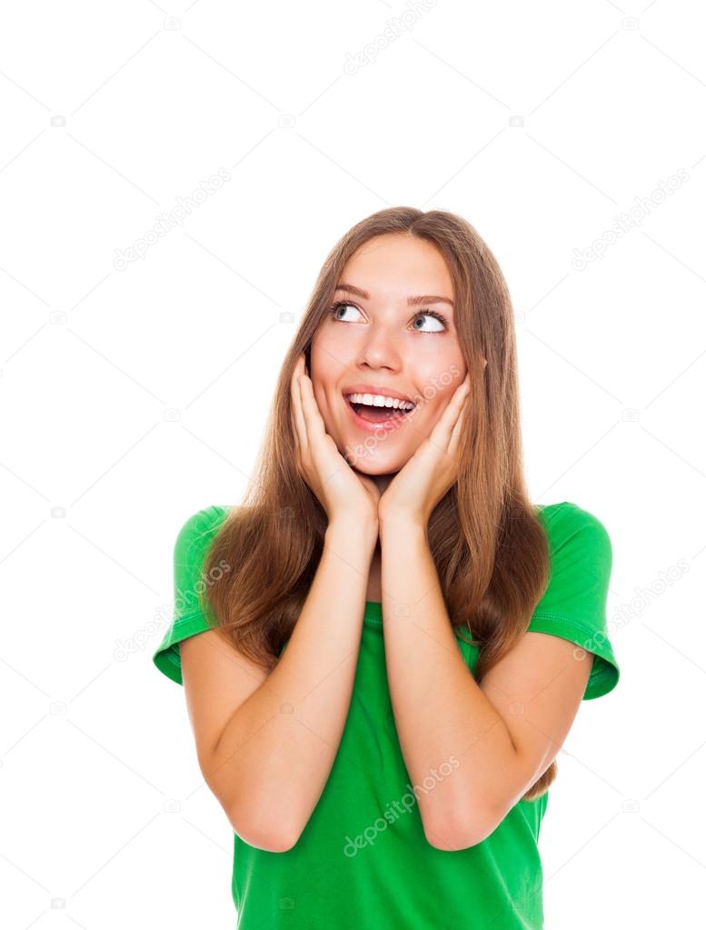 Surprised excited woman happy smile look up Stock Photo by ©mast3r 30290197