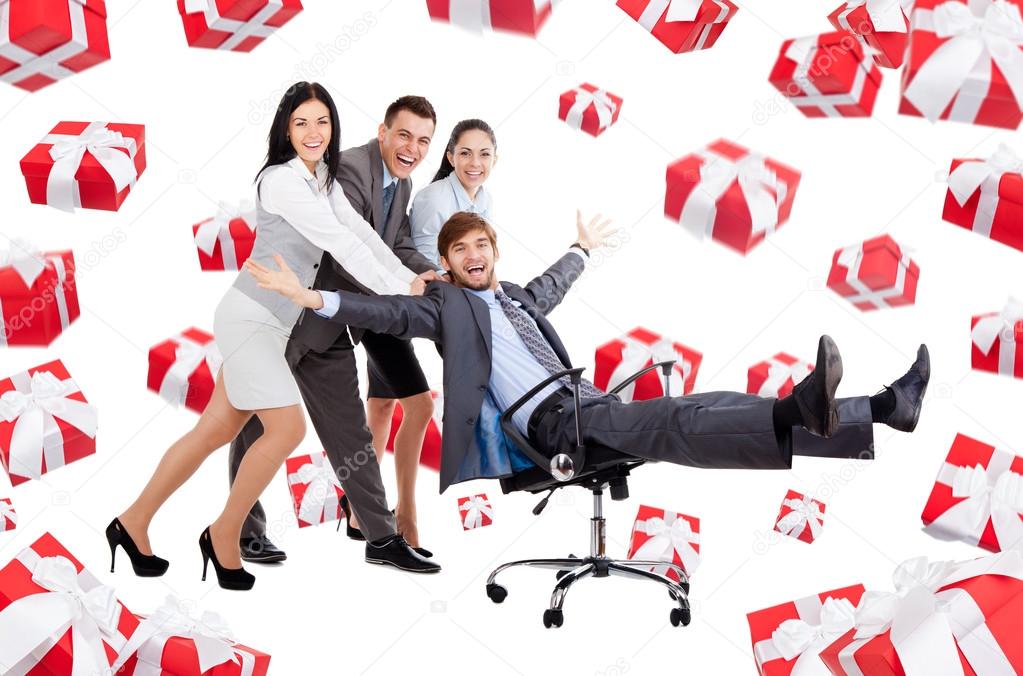 Business people group team push man leader colleague sitting in chair ...