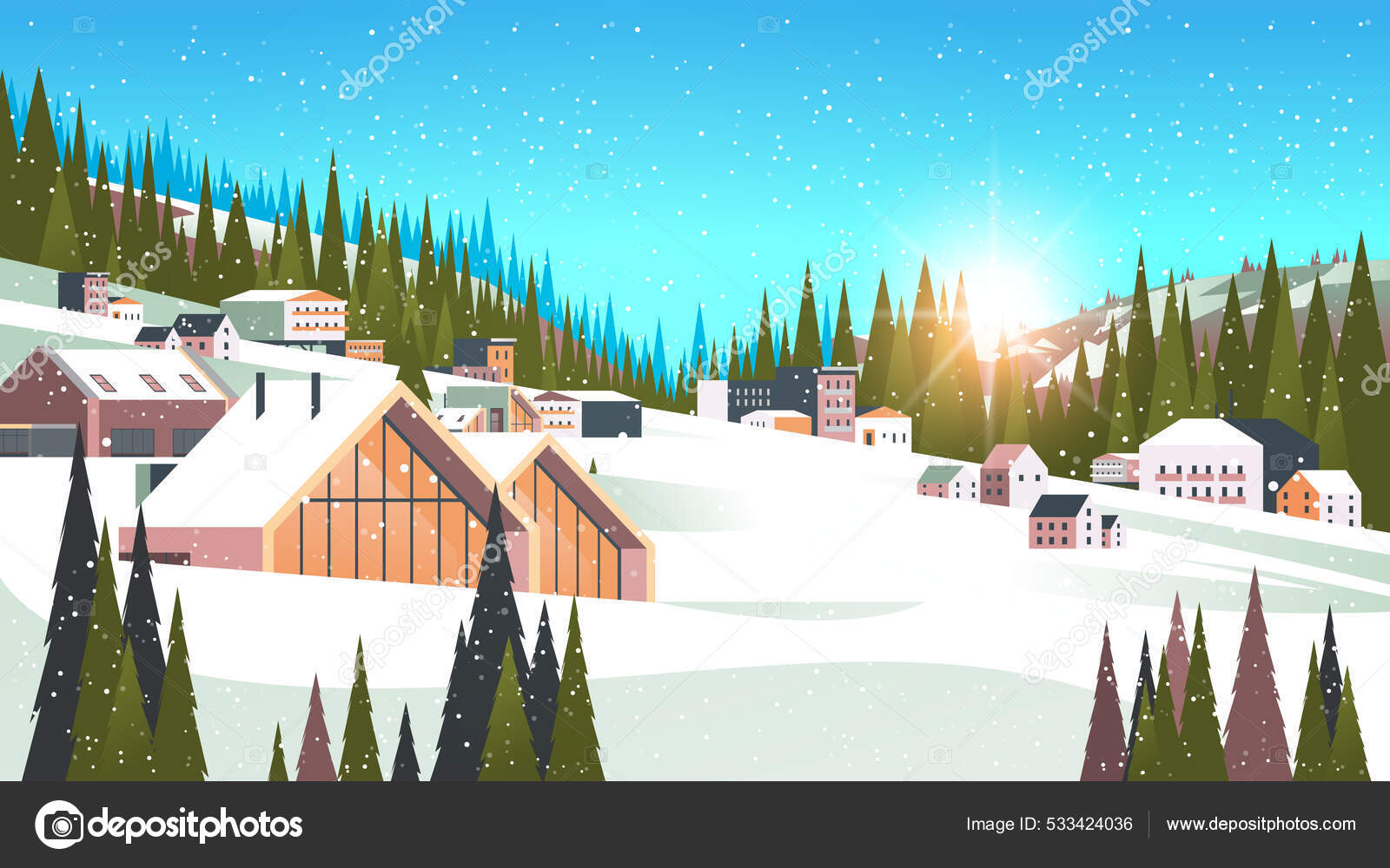 Snow covered buildings in winter season residential houses area ski ...