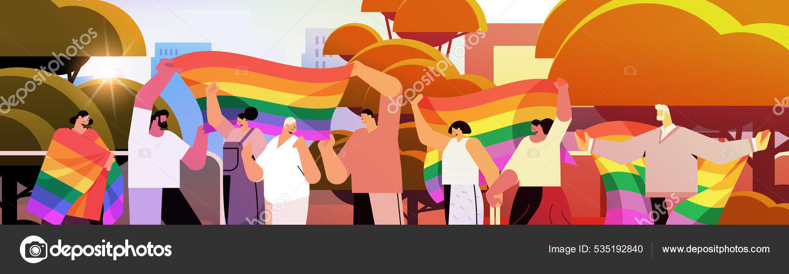 Mix Race People Holding Lgbt Rainbow Flags Gay Lesbian Love Parade