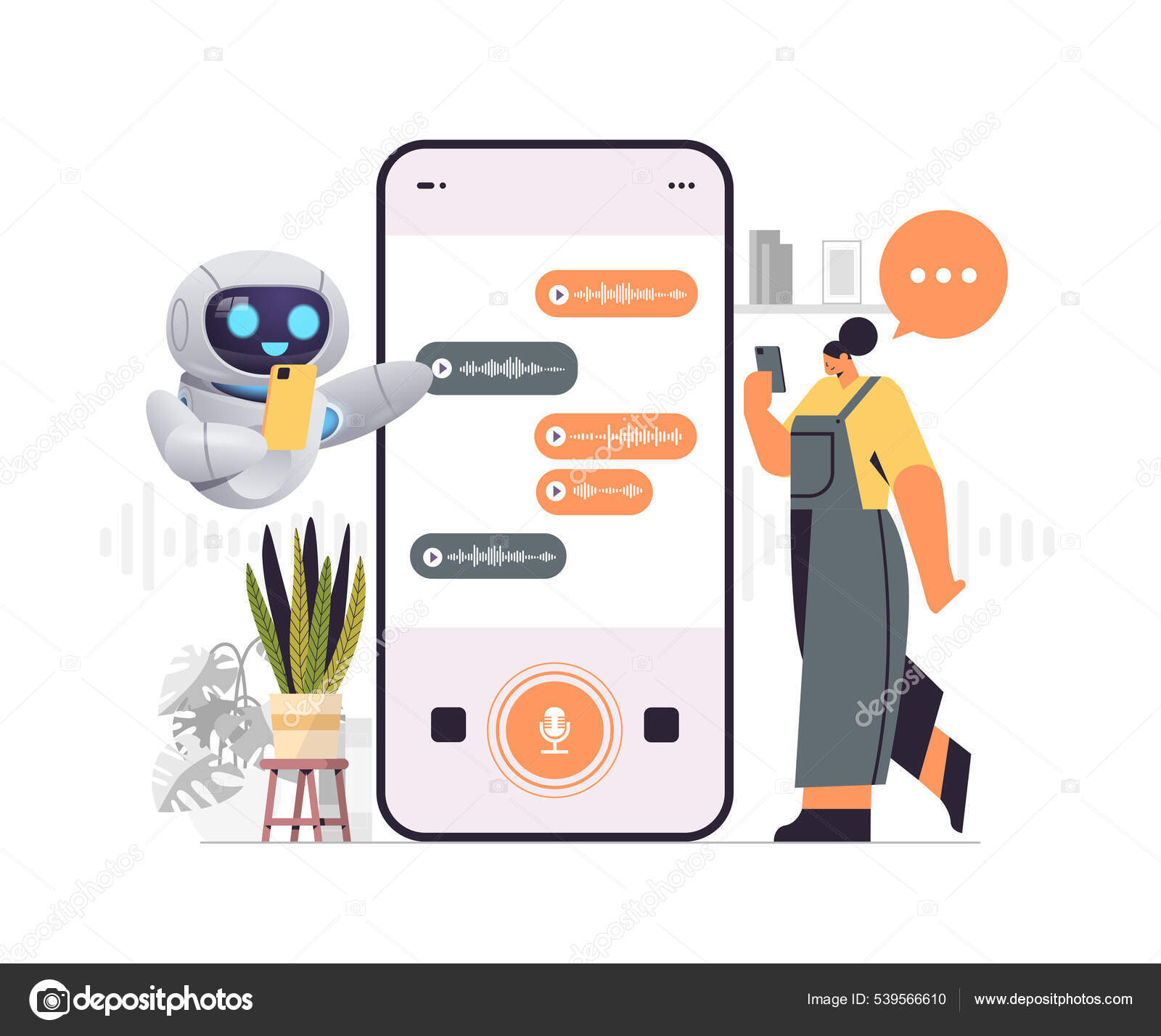 Woman with chatbot robot recording or listening voice messages on ...